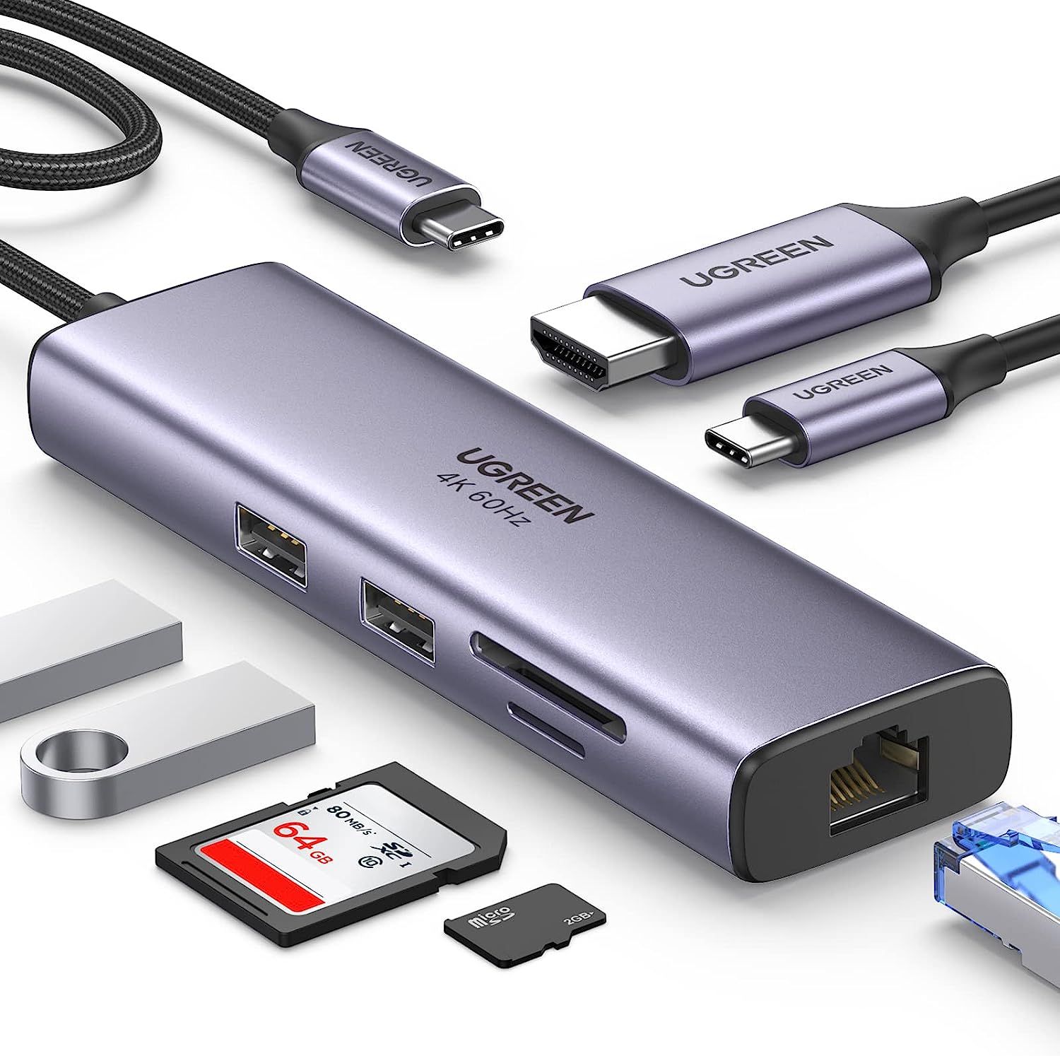UGREEN Hub USB C 4K a 60Hz, adaptador multipuerto USB a HDMI, concentrador USB 7 en 1 para ...